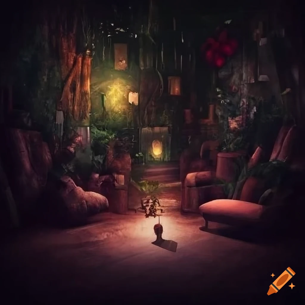 Cozy fantasy living room with plants at night