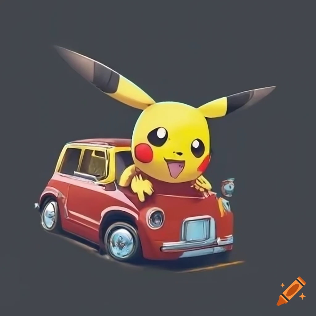 Cartoon of a pikachu with a car