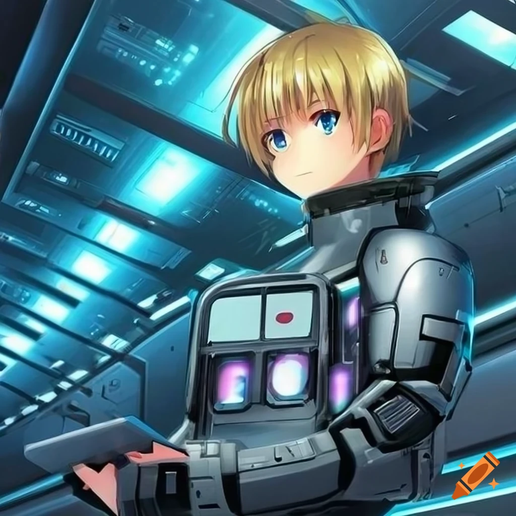 Anime boy in futuristic suit on spaceship hallway on Craiyon