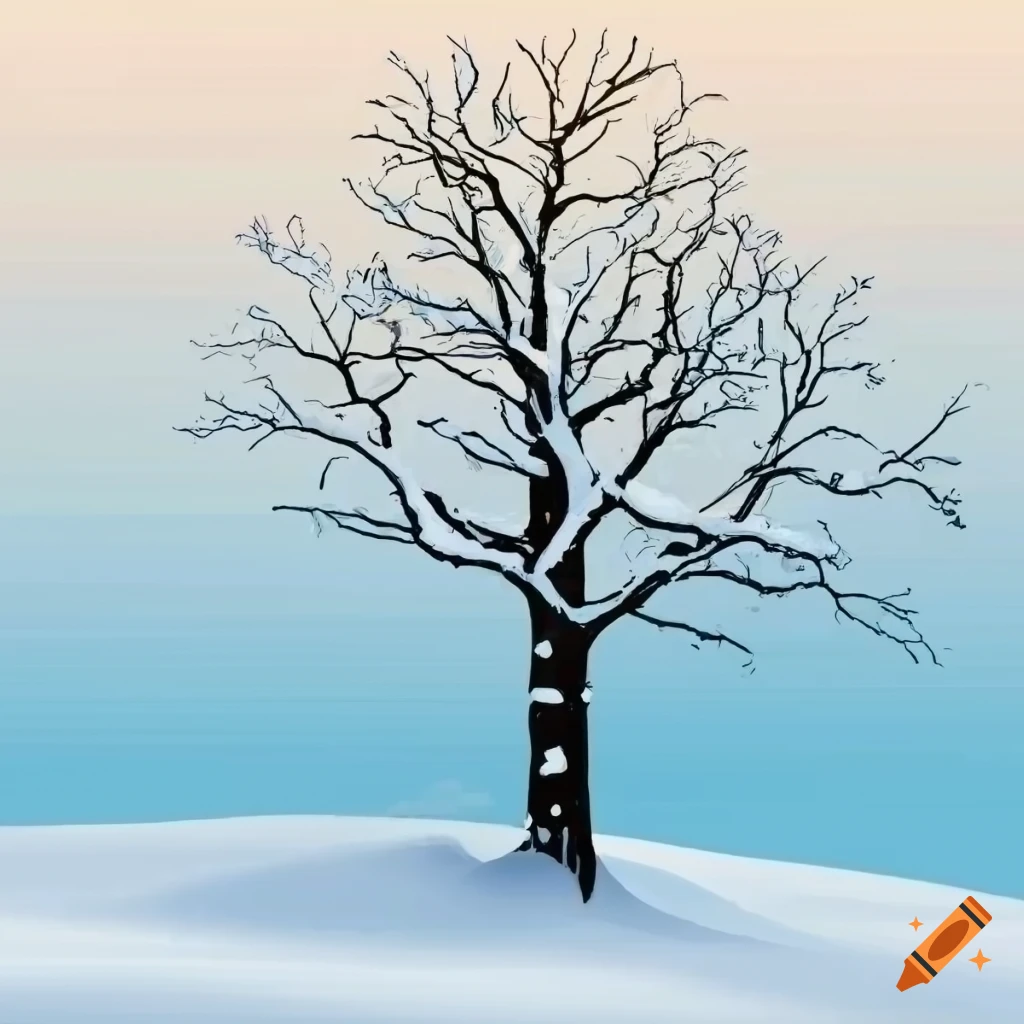 Snow covered deciduous tree in line art style