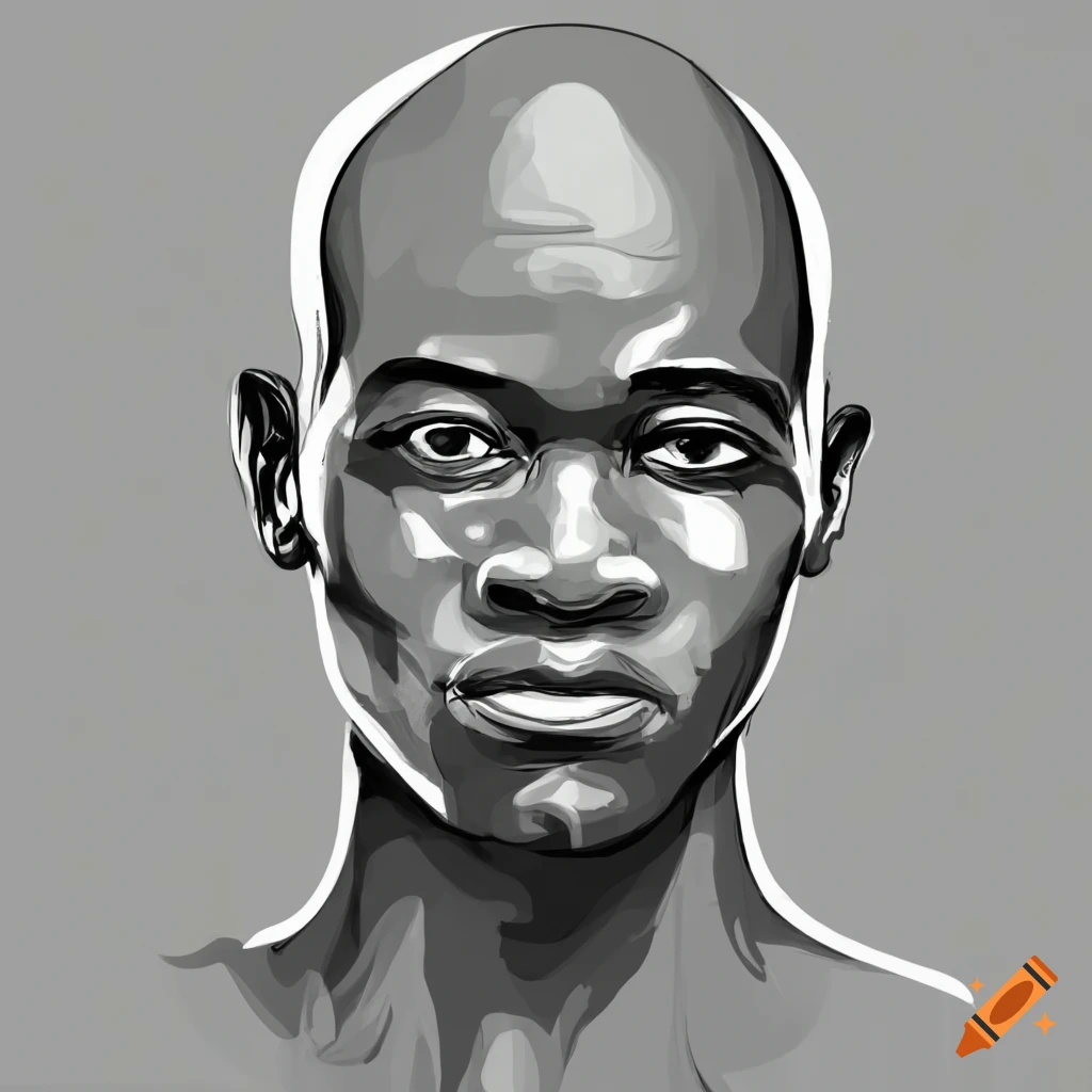 Black and white line art portrait of a bald man