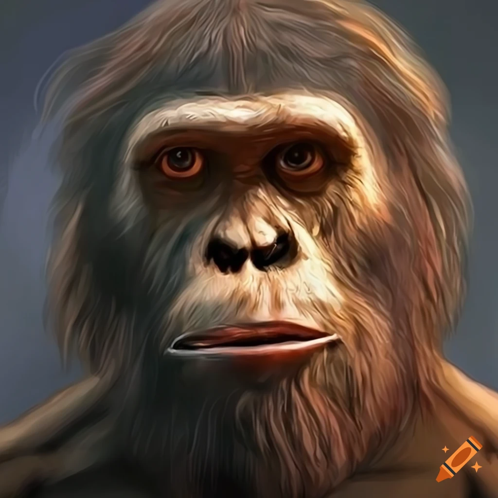 Portrait painting of an australopithecus with braided beard
