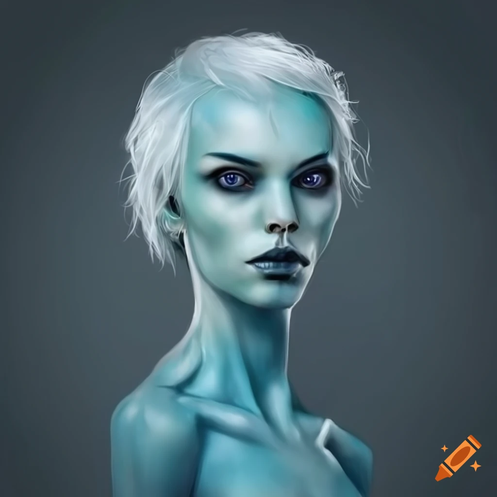 Image of a humanoid alien woman with white hair and sky blue skin on Craiyon