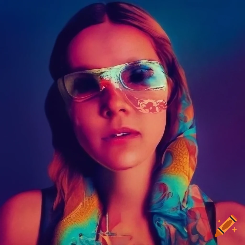 Vibrant polaroid portrait of a 70's psychedelic student on Craiyon