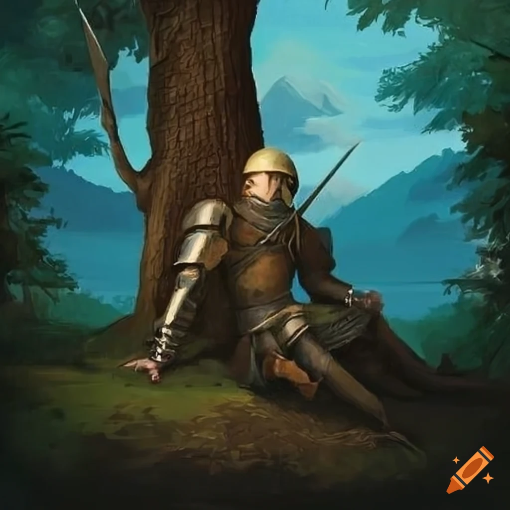 Fantasy image of a man in armor leaning on a tree on Craiyon