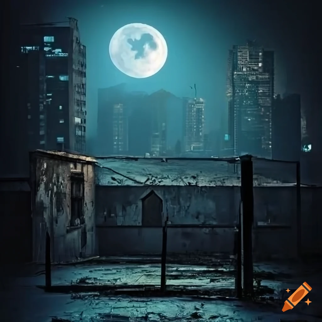 Eerie rooftop scene at night on Craiyon