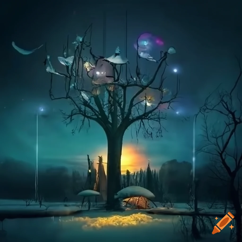 Surreal park with strange creatures and fantastical elements