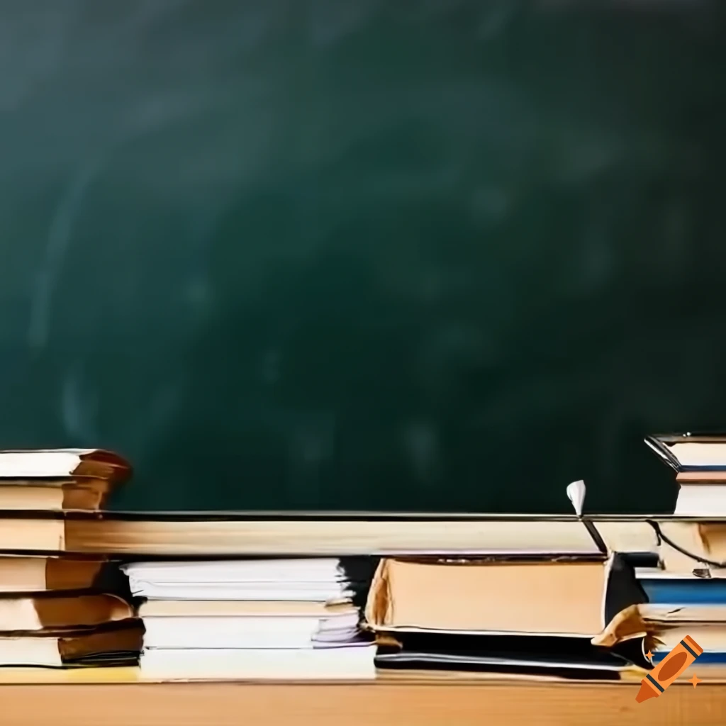 Vintage classroom chalkboard with books and empty frames on Craiyon