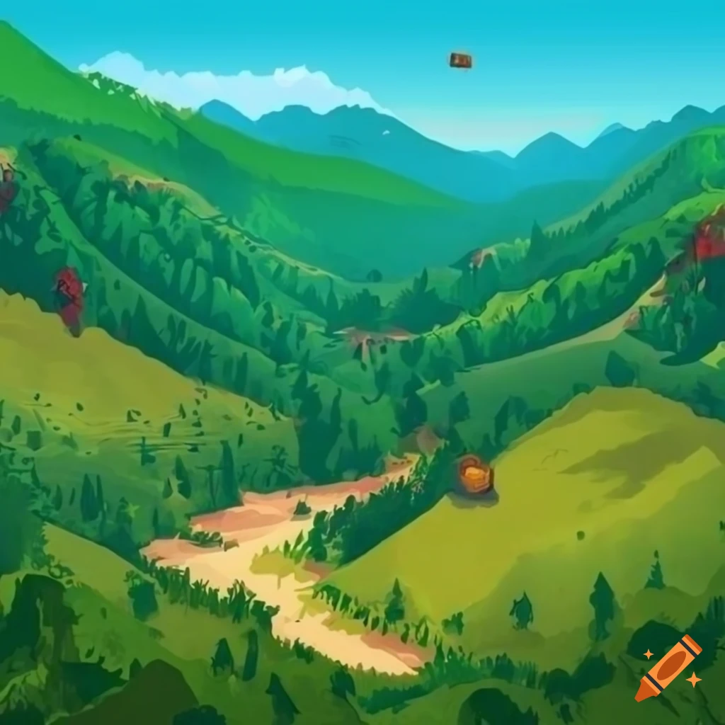 Isometric map of remote tribal villages surrounded by hills