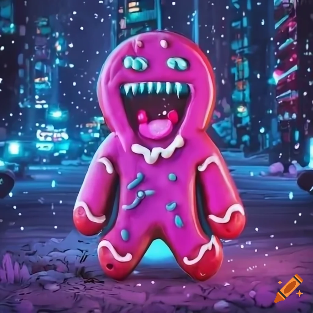 Neon cyberpunk city with scary gingerbread in snowfall on Craiyon