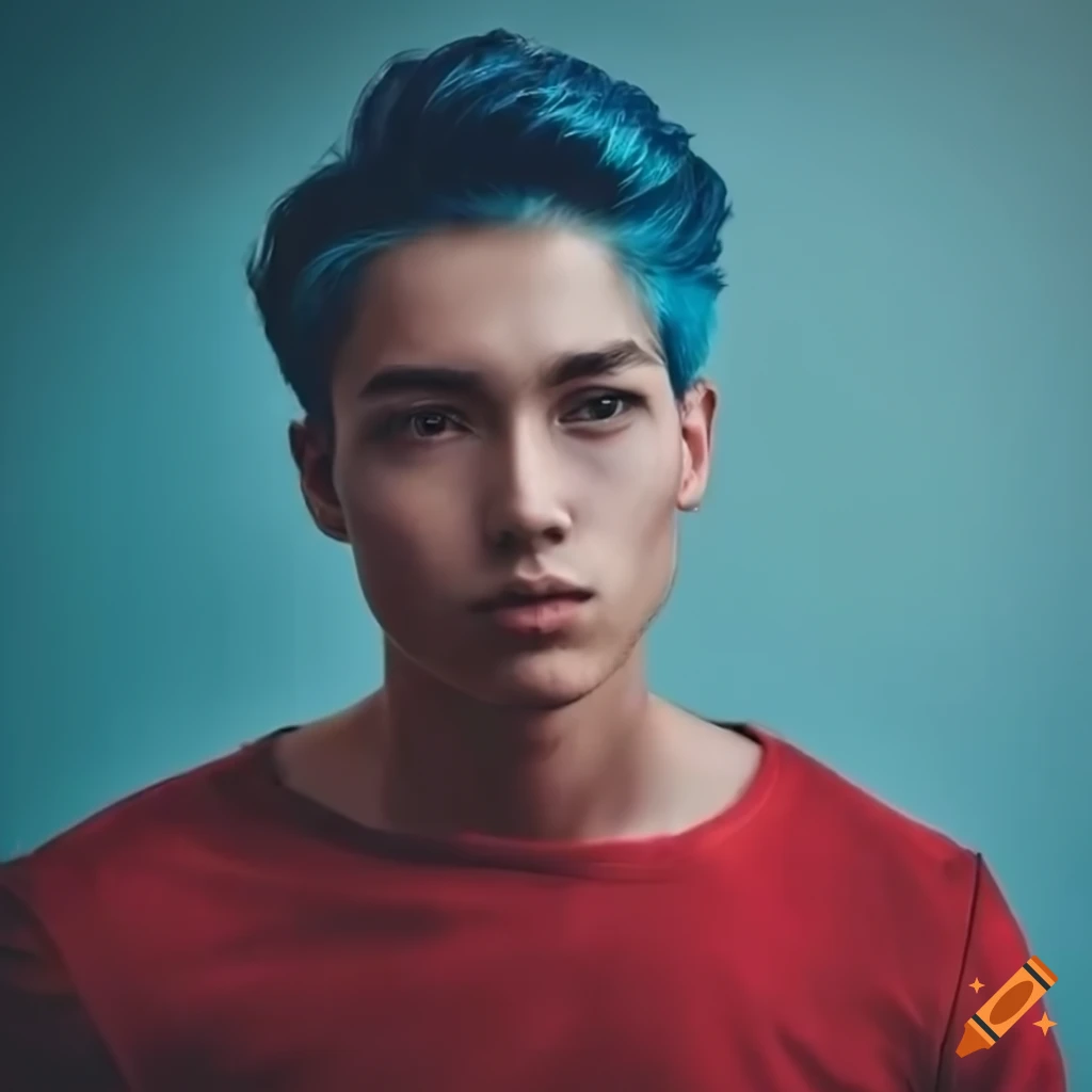 Portrait of a young man with blue hair and red shirt