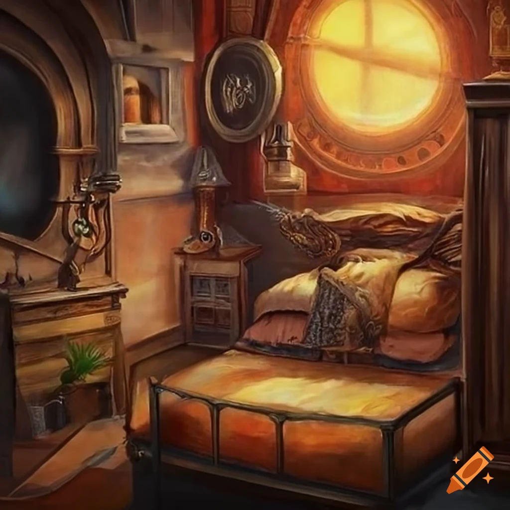 Detailed steampunk bedroom at sunrise on Craiyon