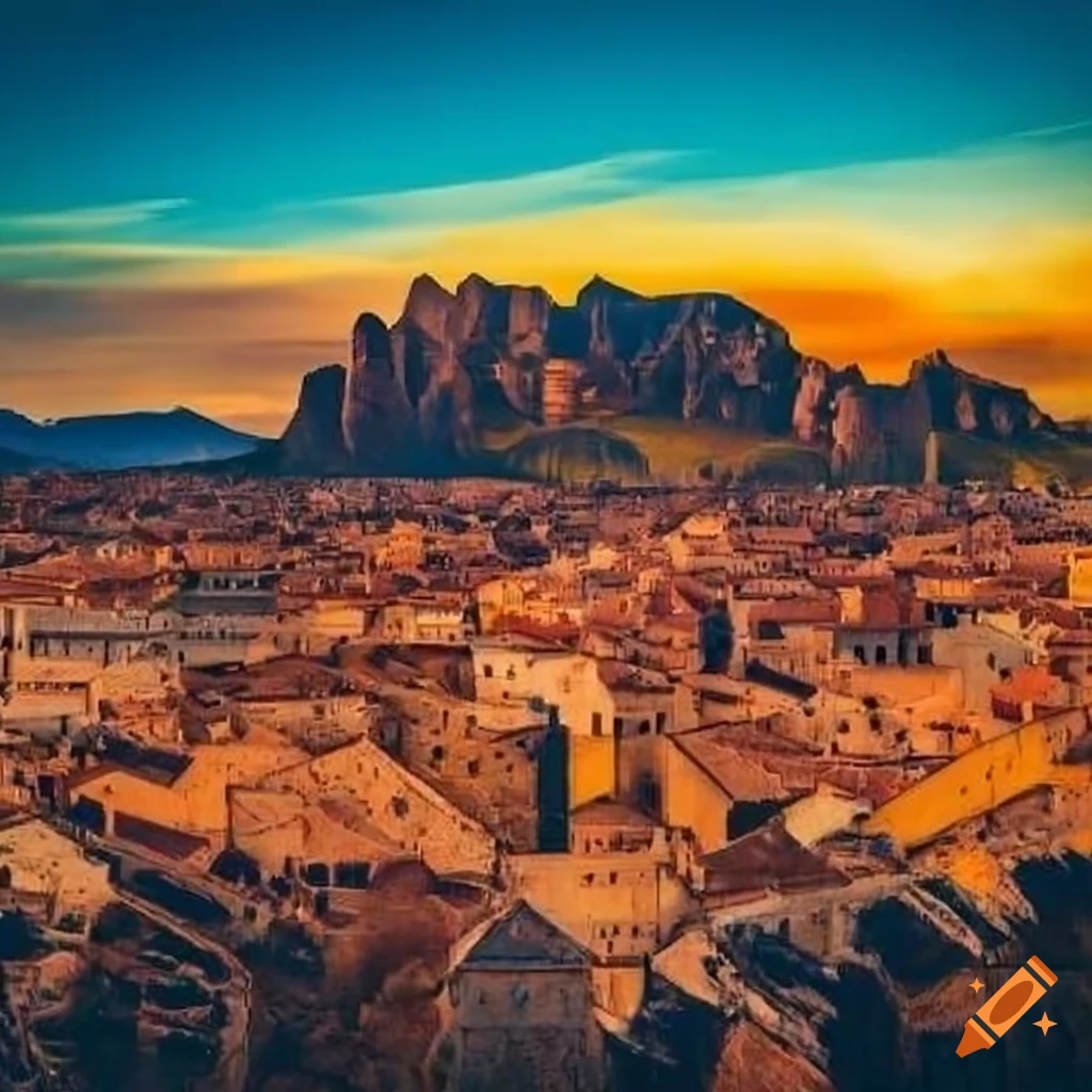 Panoramic view of huesca over the map of aragon