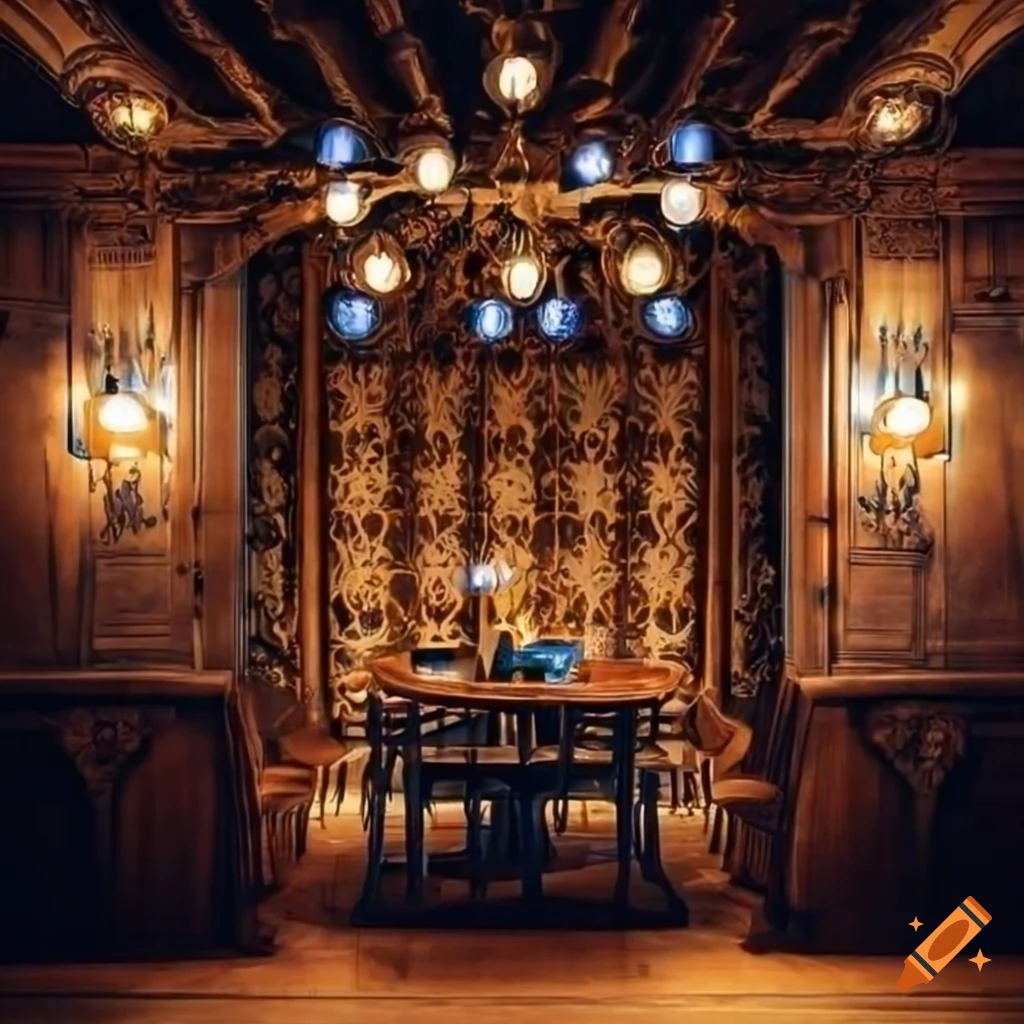 Cafe interior with blue lights and mirrors