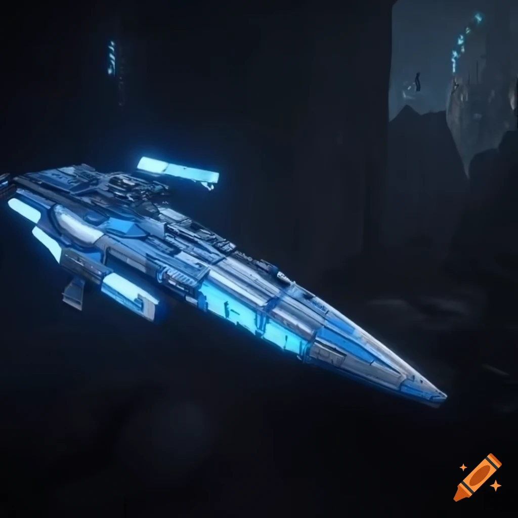 Blue-white sci-fi spaceship in unreal engine 5