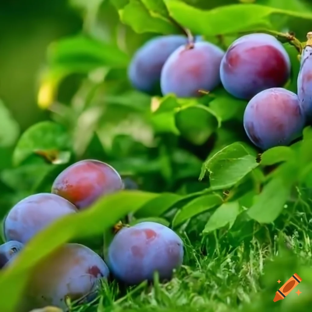 Plum orchard with green grass