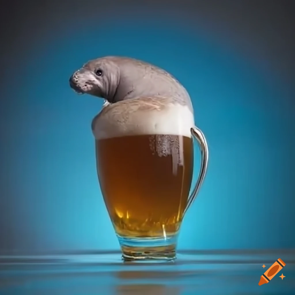 Funny image of a dancing manatee in a beer glass