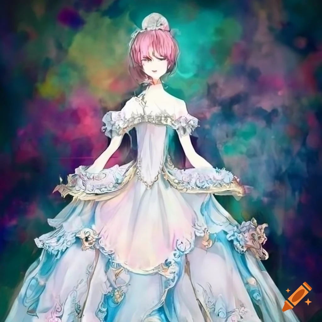 Concept art of anime rococo-style fantasy gowns