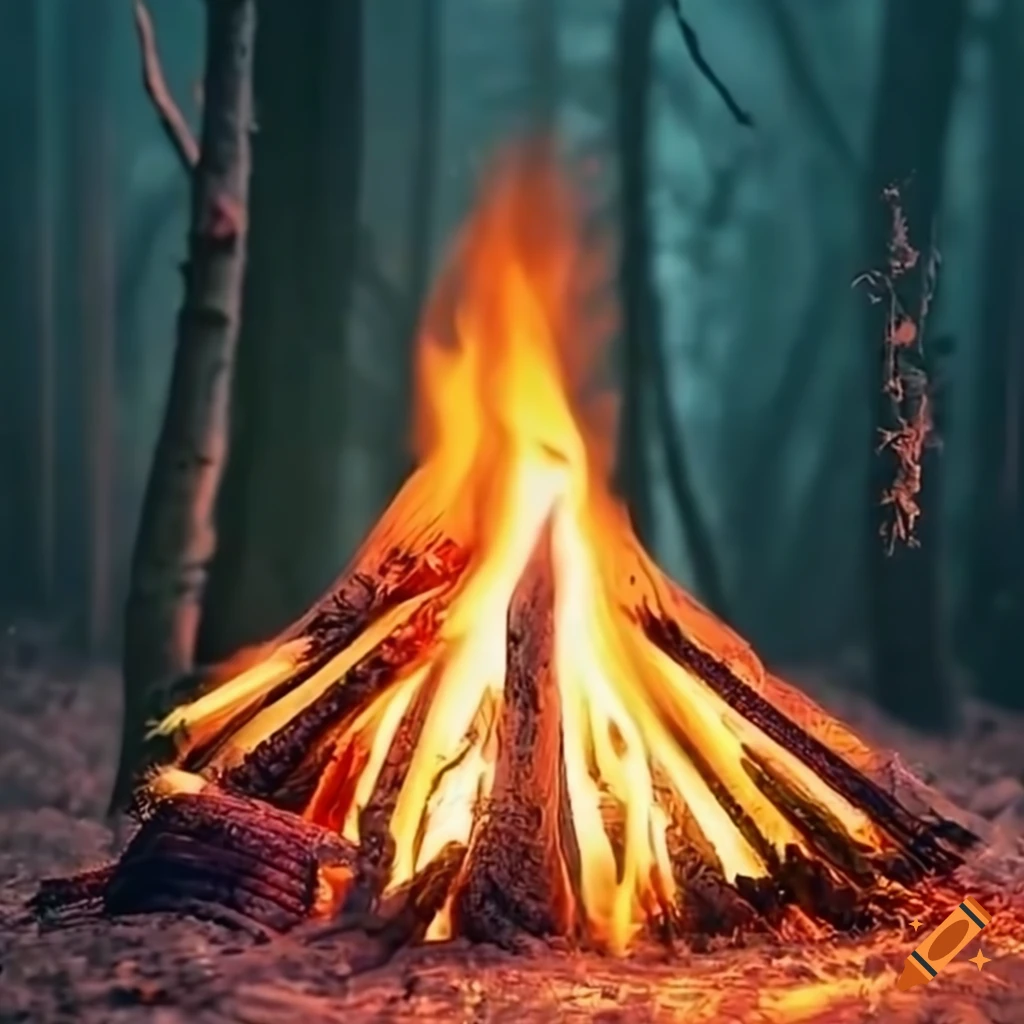 Campfire in the forest by the lake