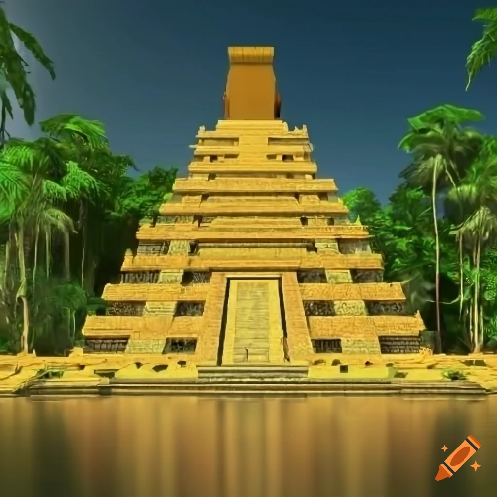 Yellow aztec temple in a tropical forest