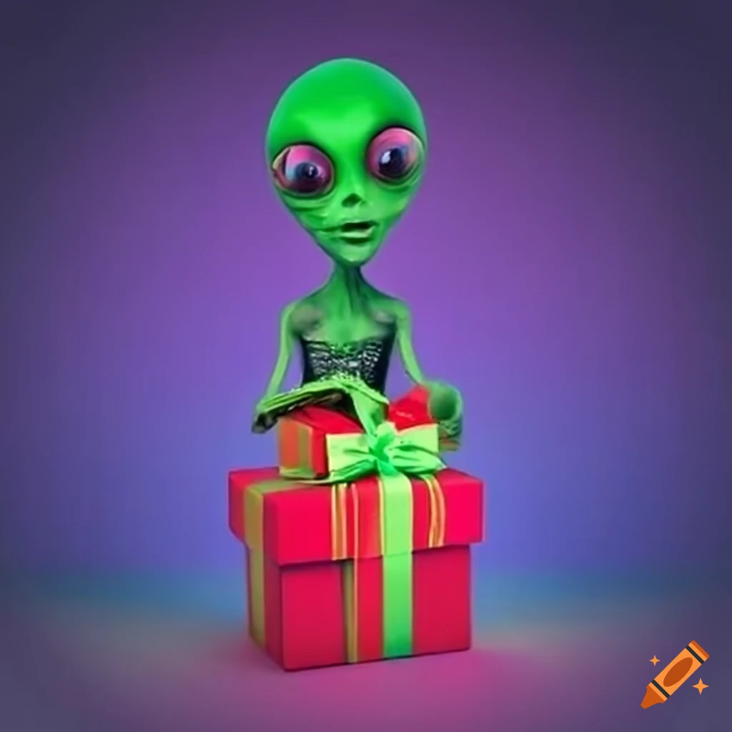 Humorous image of an alien on a damaged christmas present