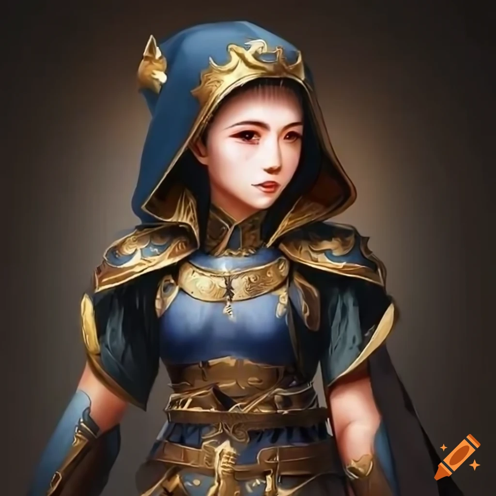 Illustration of a female warrior with gold and blue armor on Craiyon