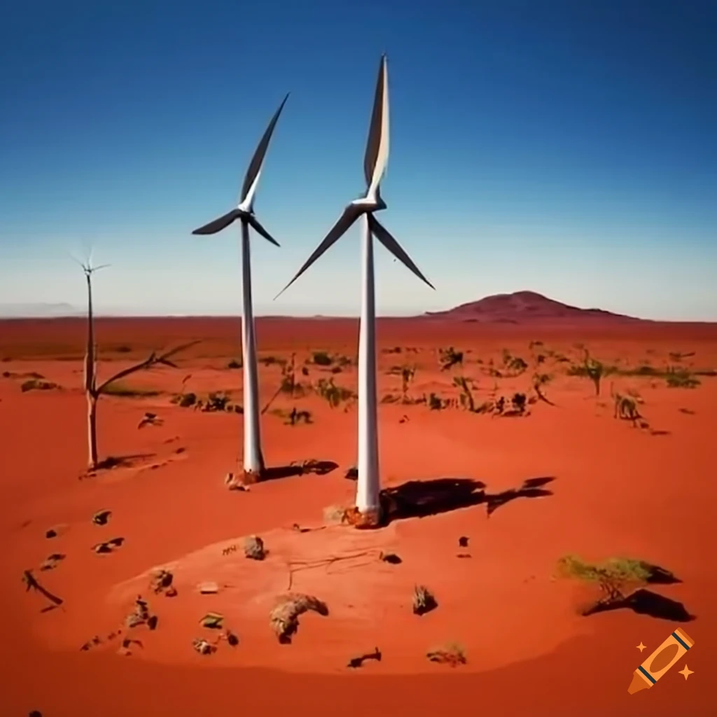 View of a wind farm in kenya with red soil landscape