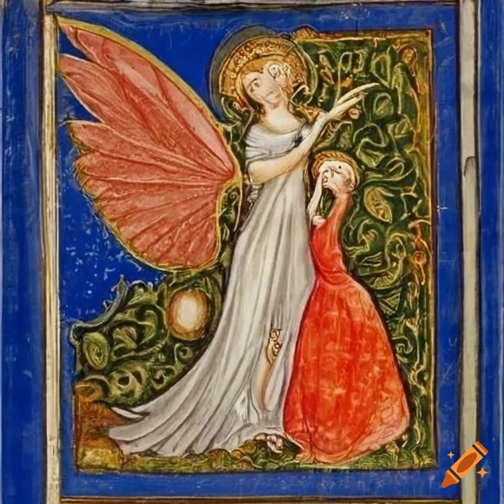 Medieval illuminated manuscript of a queen fairy and knight on Craiyon