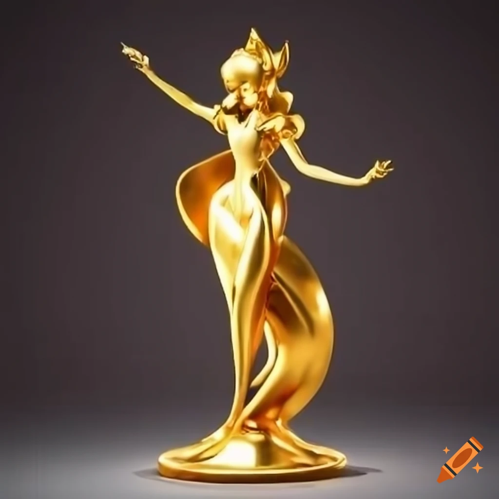 Princess peach transformed into a golden sculpture artwork