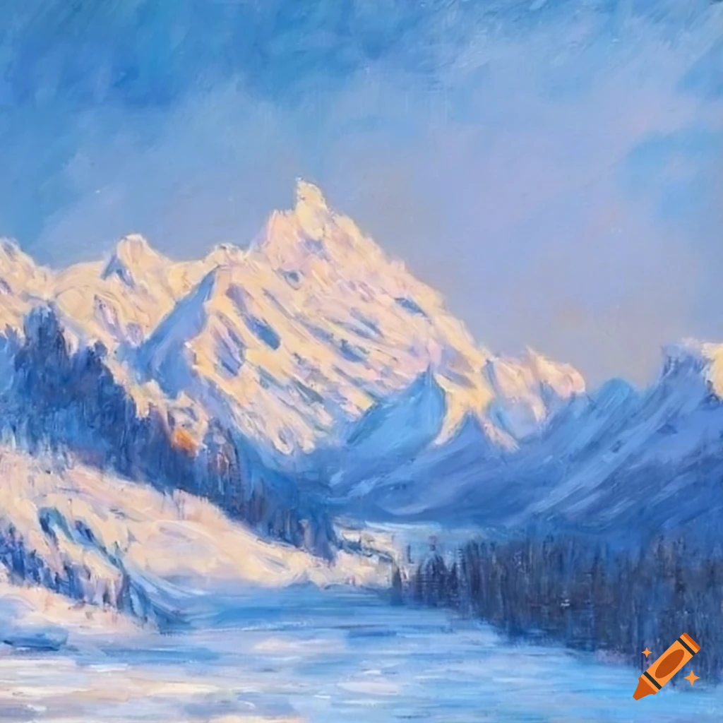 Painting of snowy mountain landscape with skiers on Craiyon