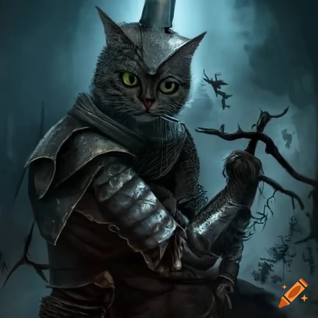 Humorous image of a knight playing with a cat