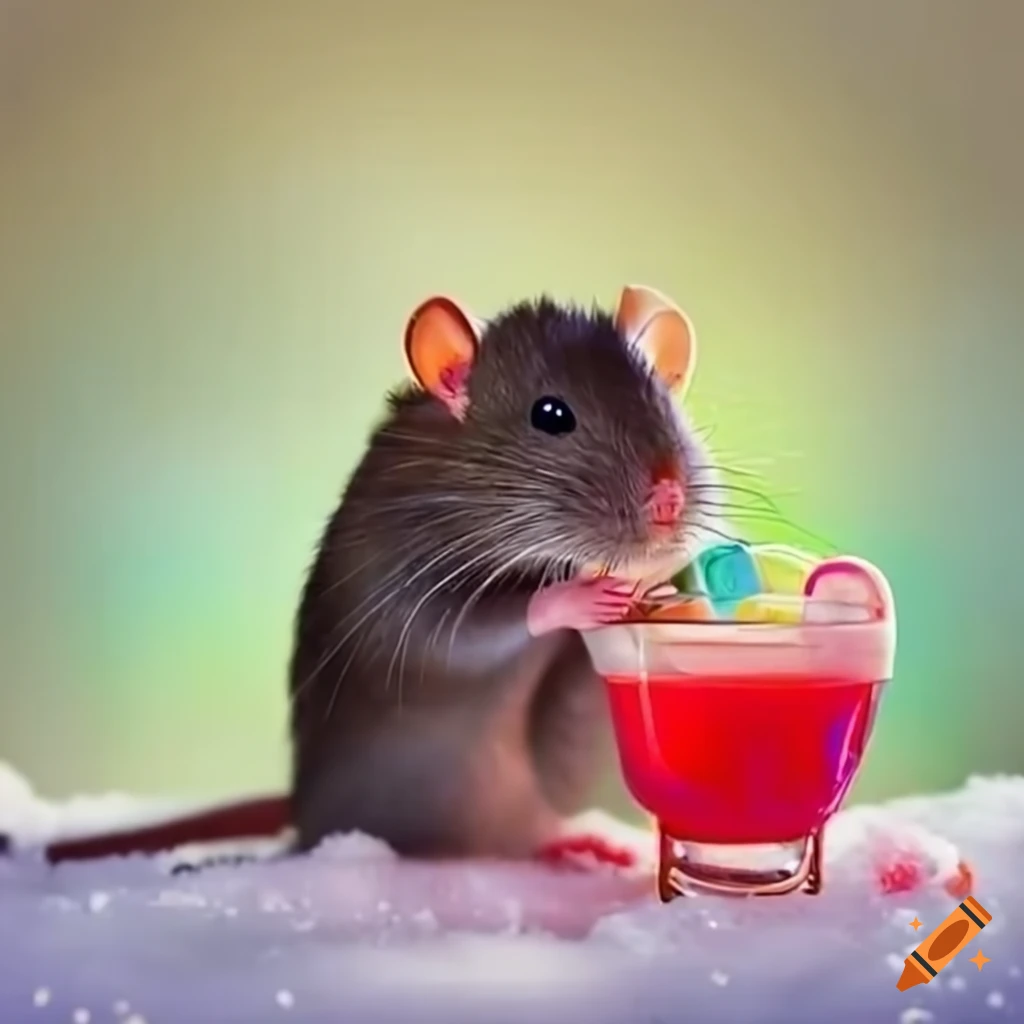Cute rat drinking a cocktail in the snow