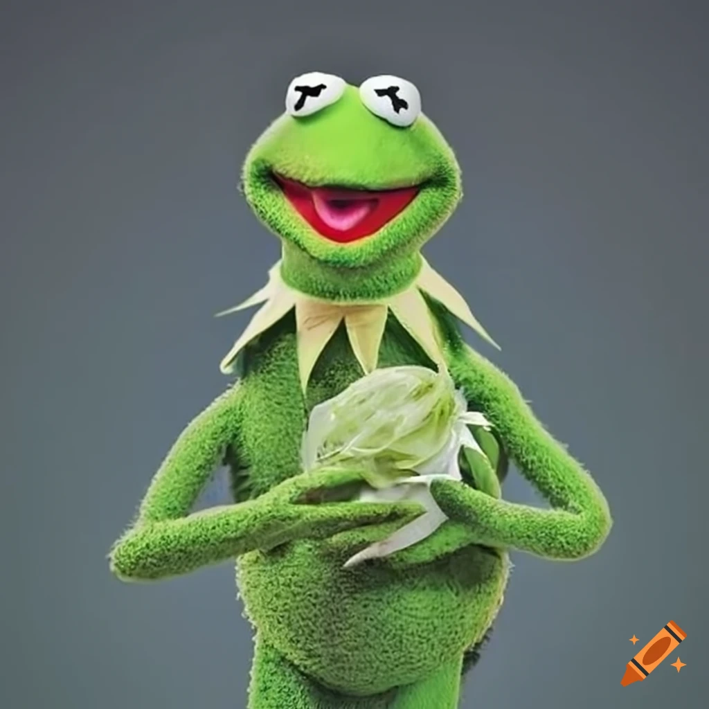 Kermit the frog holding a green brussel sprout