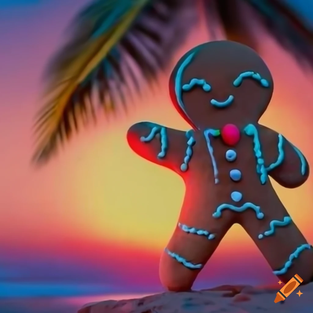 Gingerbread man on a neon beach at sunset on Craiyon