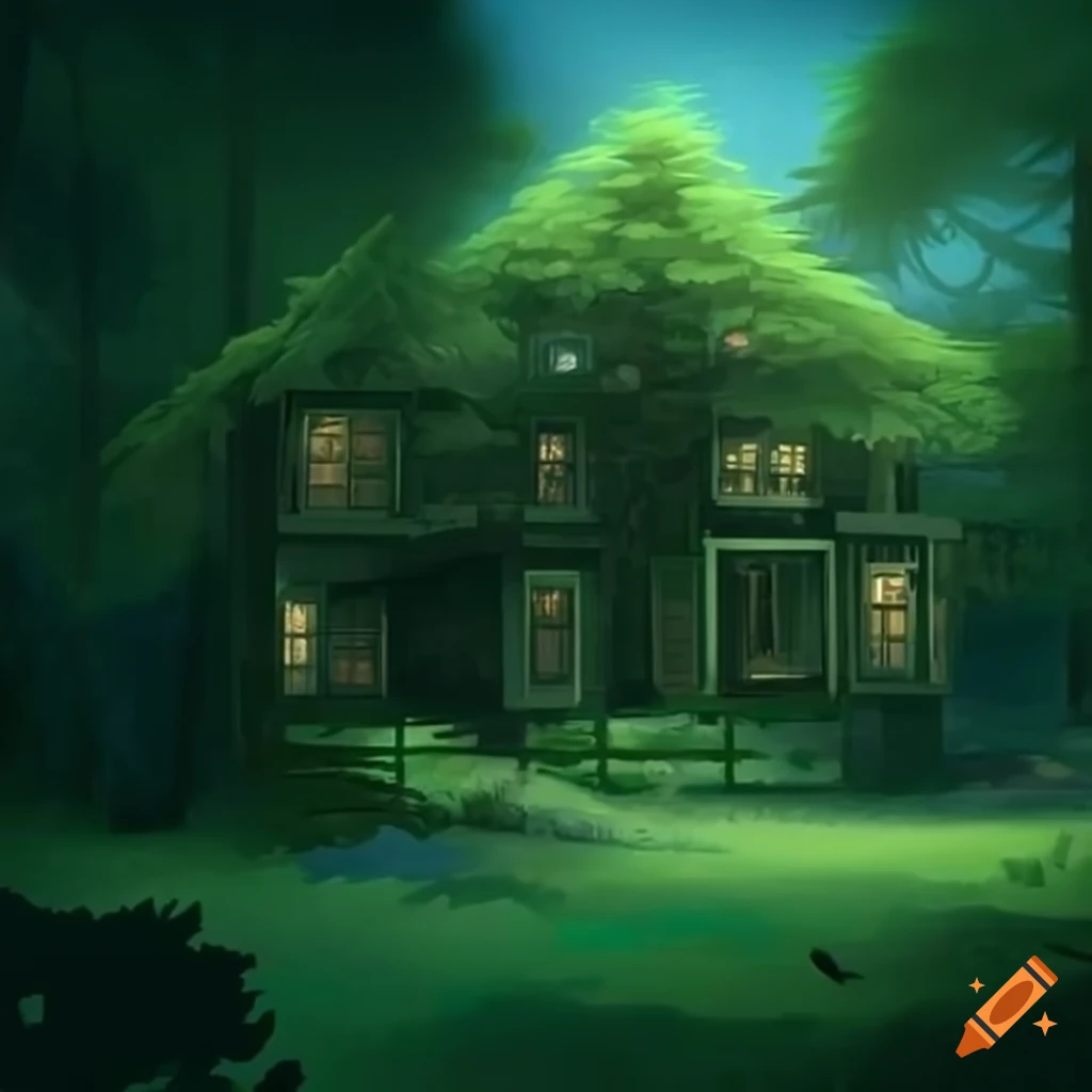 Green forest with a two-story house near the sea