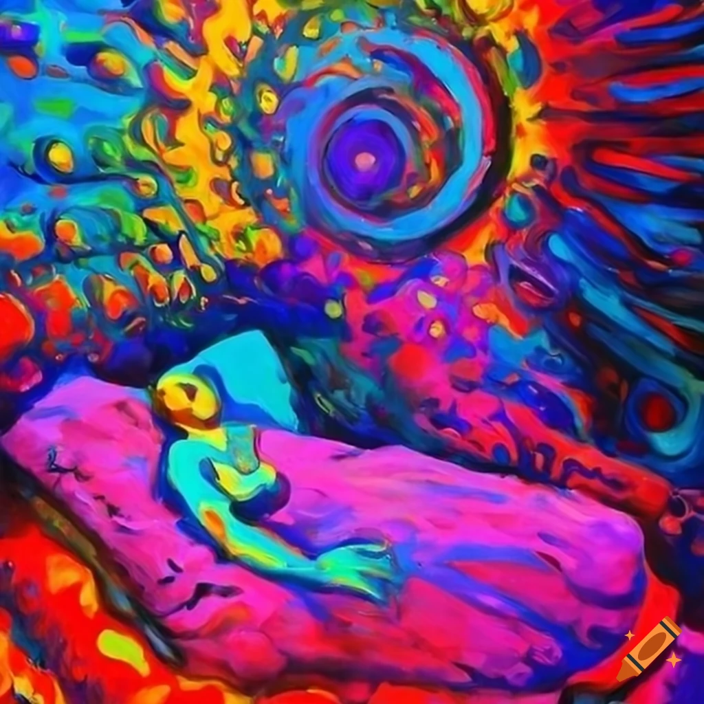 Psychedelic painting of a figure in a colorful bedroom on Craiyon