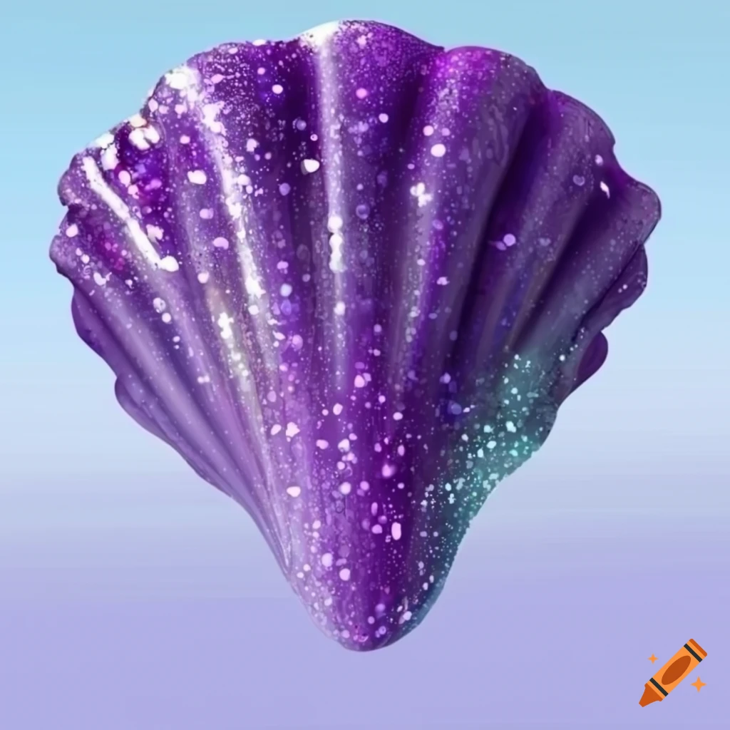 Purple seashell with glitter on white background