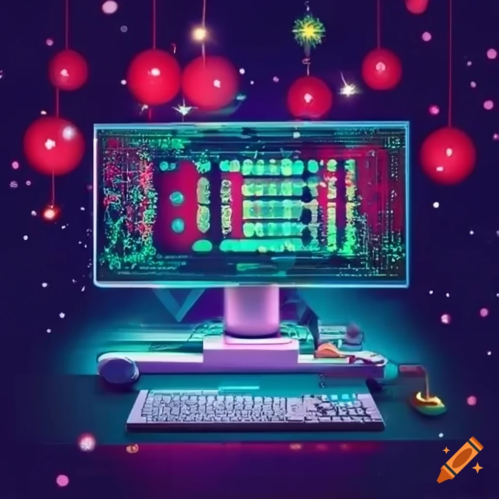 Festive card with computer-themed decorations