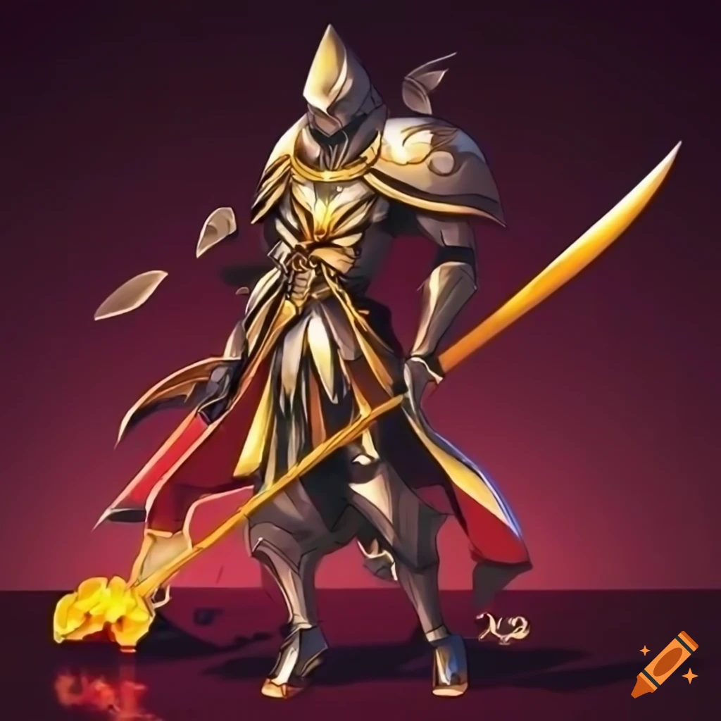 Artwork of an anime spearman guarding gold pile