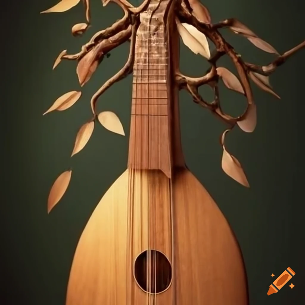 Enchanted lute made of tree with leaves and branches on Craiyon