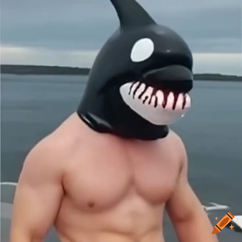 Man with a latex orca mask