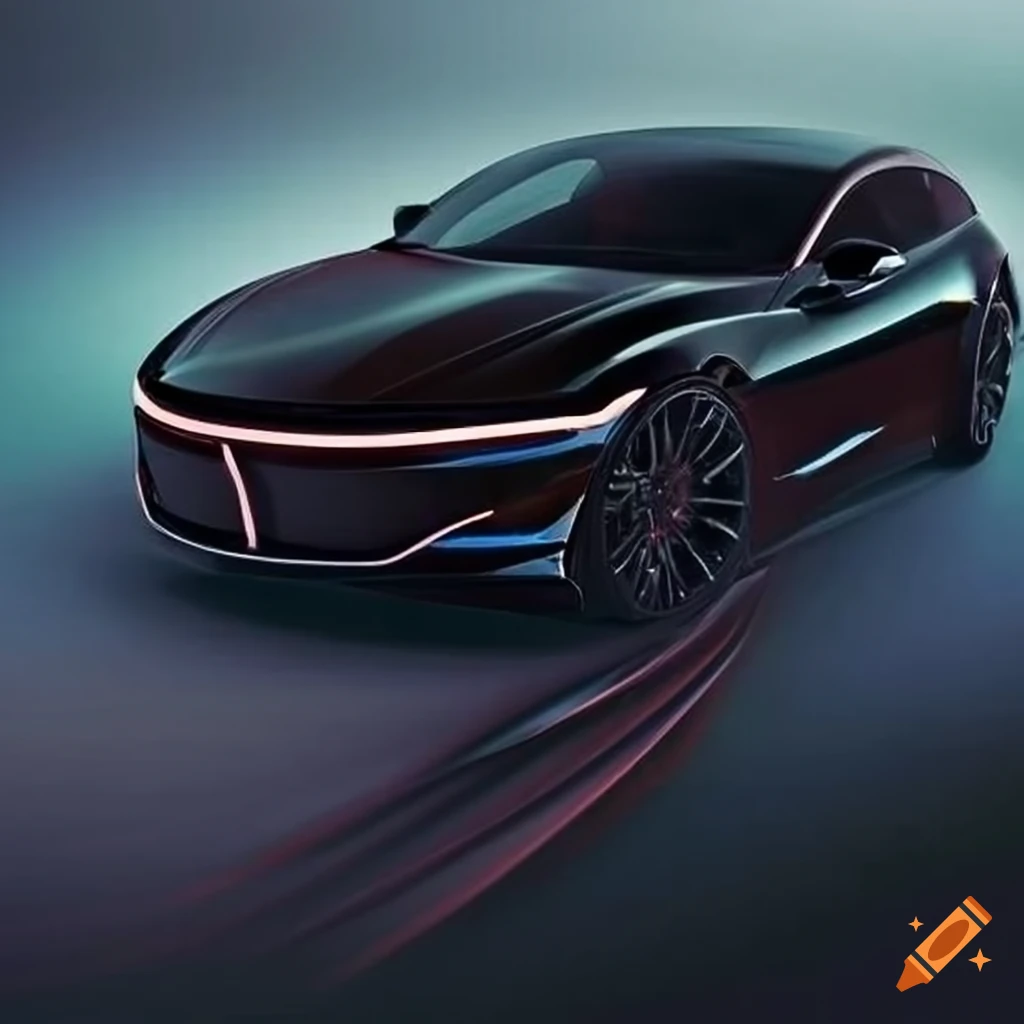 Sleek black car with a mirror-like finish on Craiyon