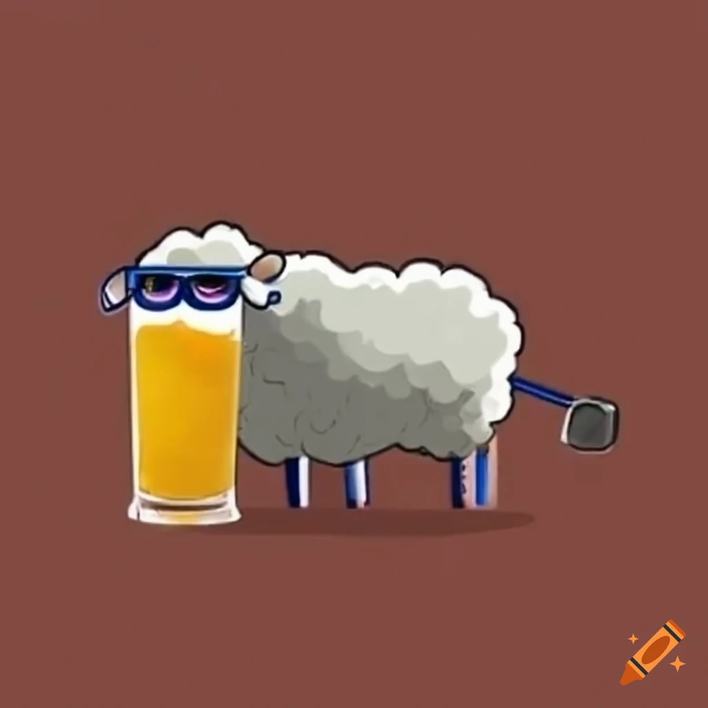 Funny image of a sheep wearing sunglasses and drinking beer
