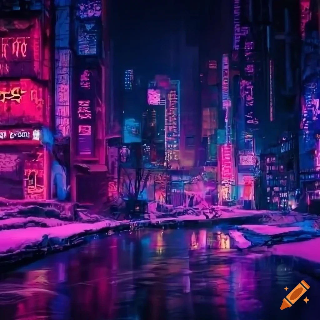 Neon cyberpunk city at night with snow