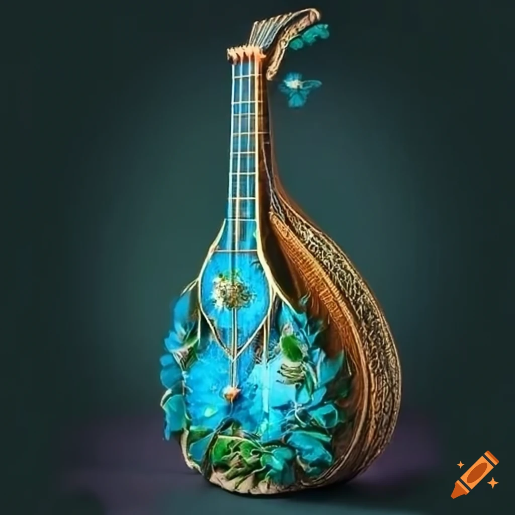 Intricate lute made from enchanted tree with green leaves and blue flowers