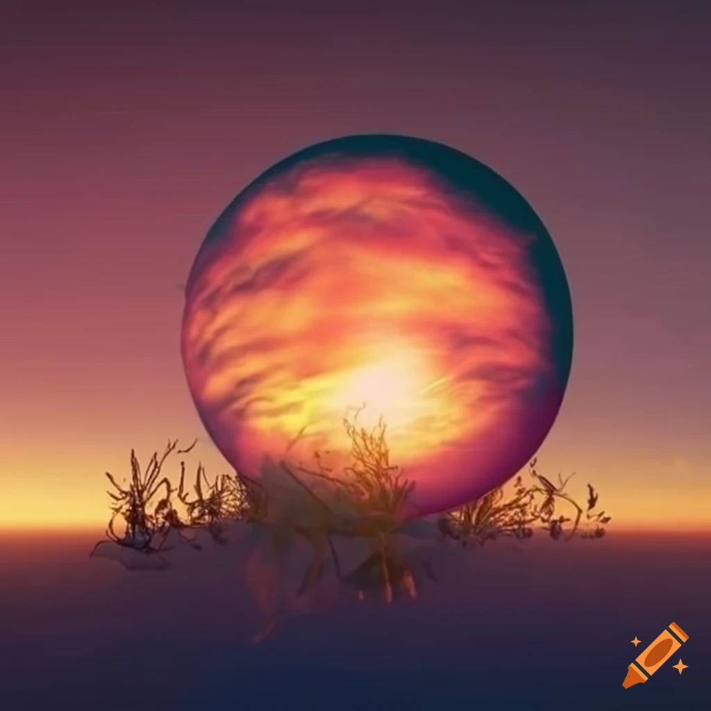 Sunset on an alien planet with clouds and plants