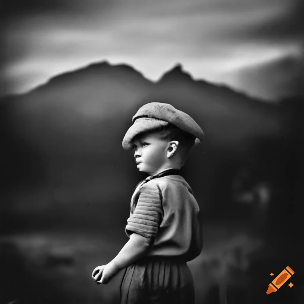 Black and white portrait of a small polish boy looking at a mountain