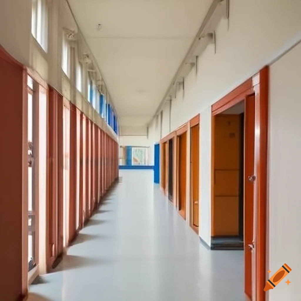 School corridor with classrooms and a hall