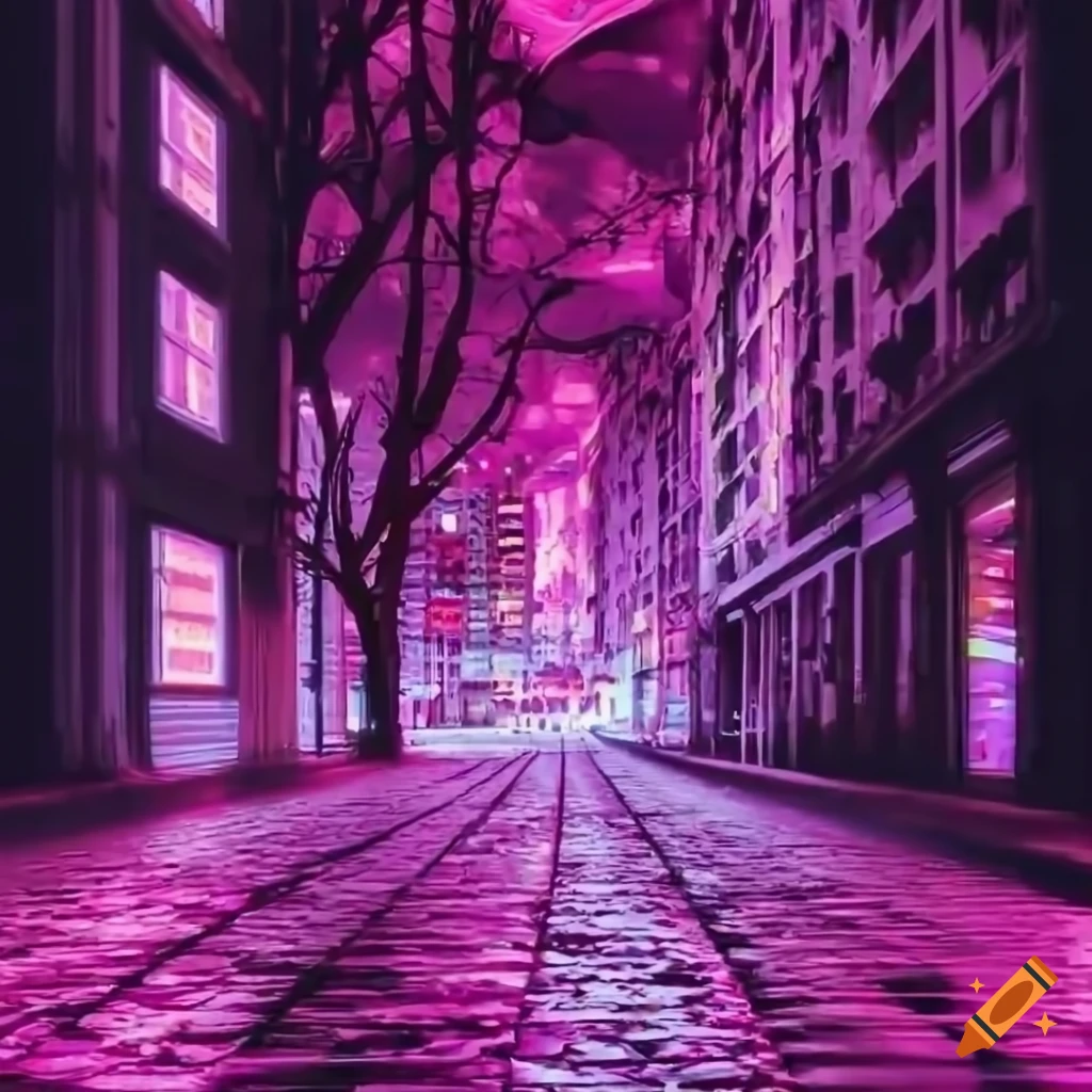 Close-up of a highly detailed pink city with pastel lights