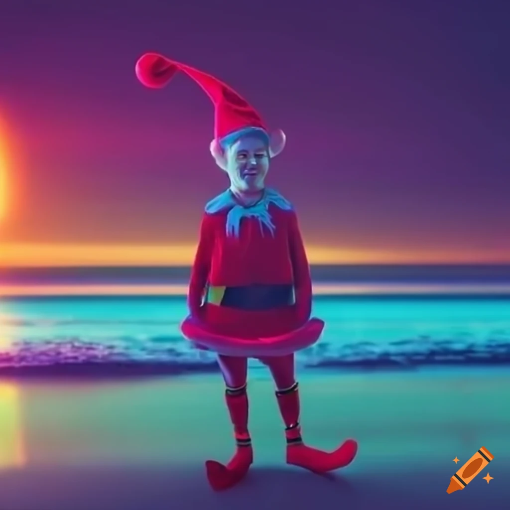 Neon synthwave sunset with a christmas elf on a tropical beach